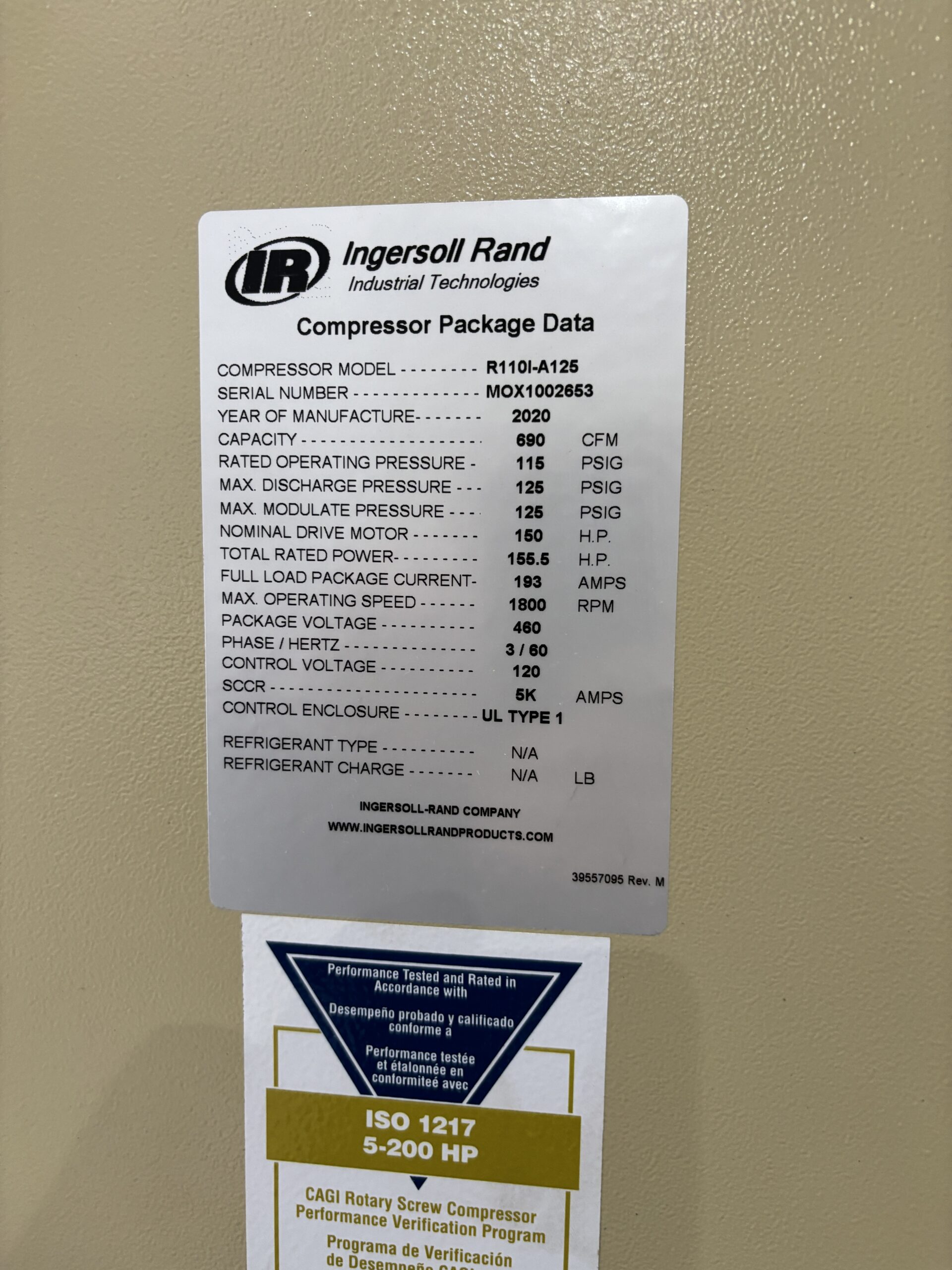 Ingersoll Rand R110I-A125 150 Hp Rotary Screw Air Compressor 690 cfm ...