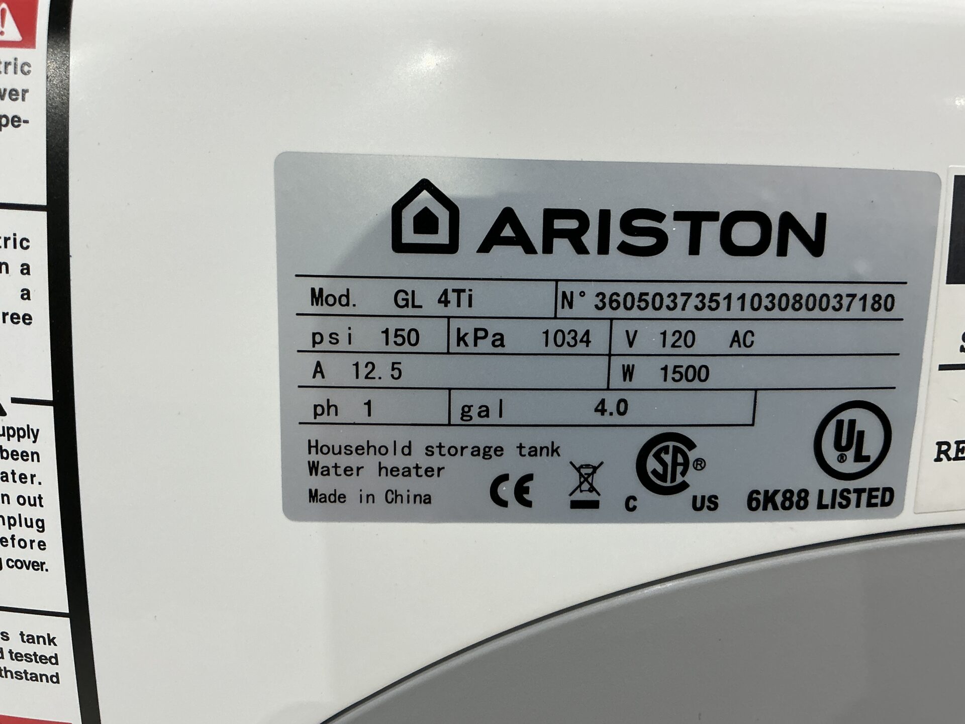 Ariston GL 4 TI Mini Tank 4 Gallon Electric Water Heater 120VAC 12 ...