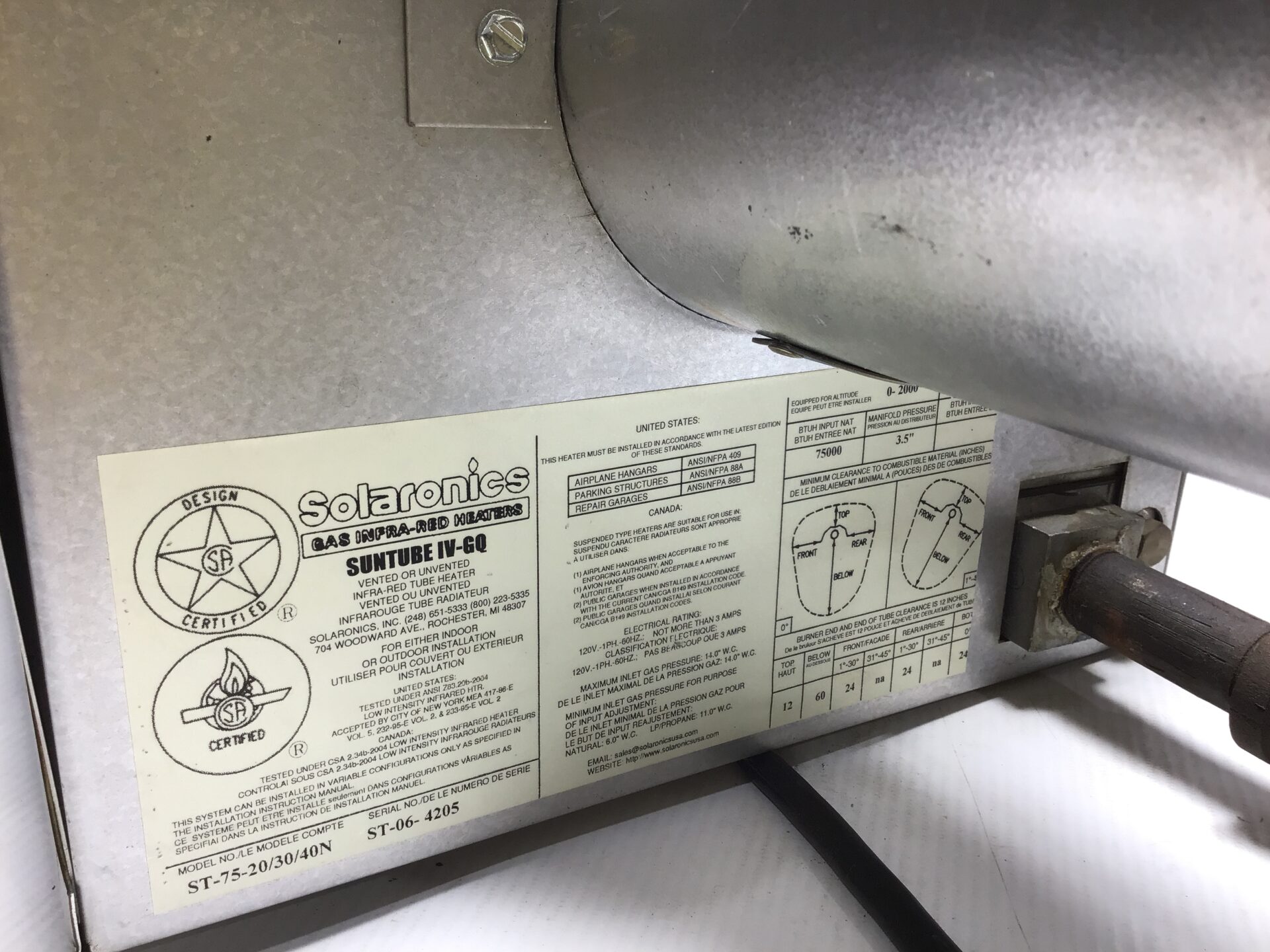 Solaronics ST-75-20/30/40 Infrared Heaters 40’ NG 75K BTU 120 V – Moses ...