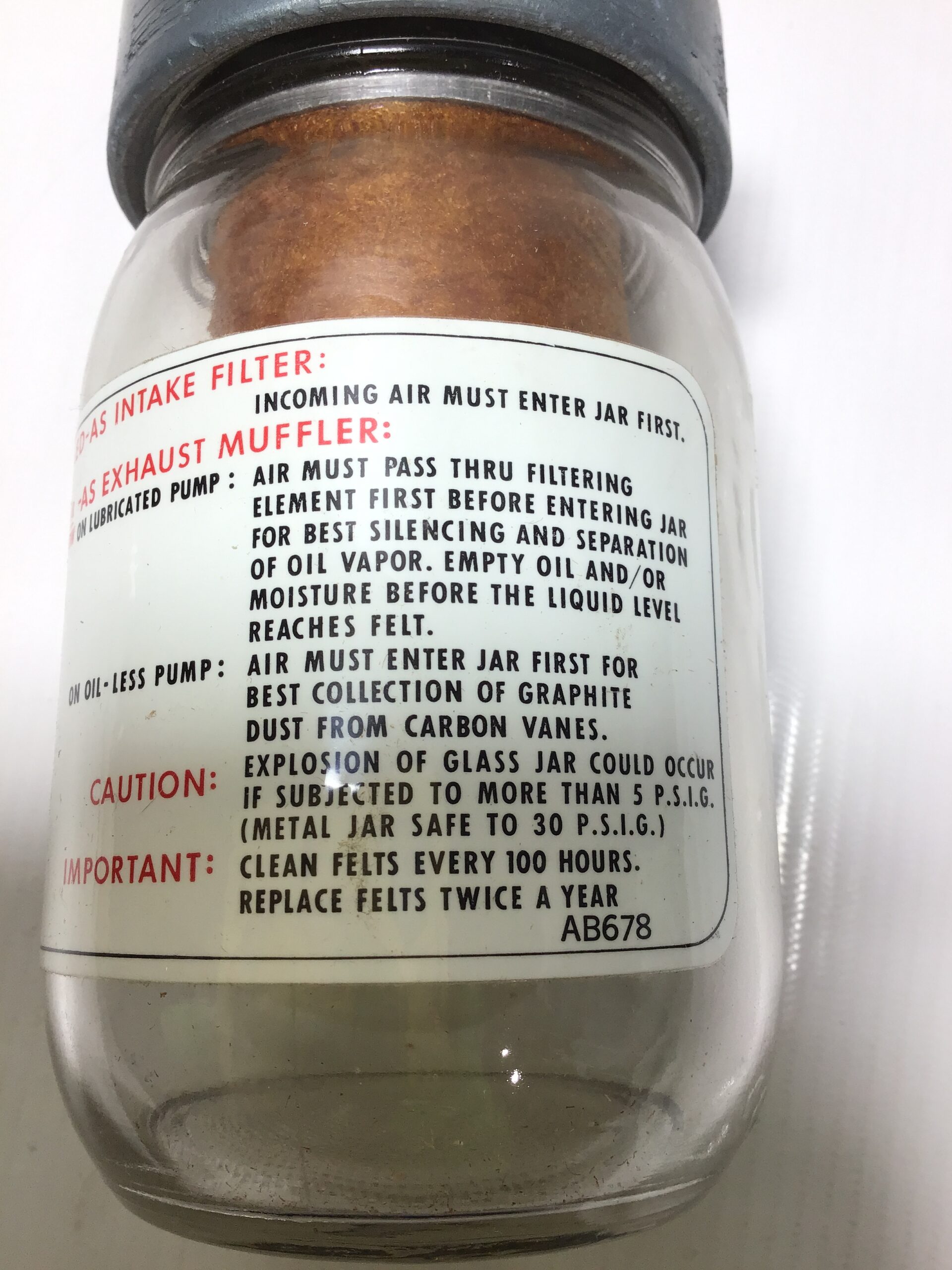 Gast AB599 Air Compressor Filter / Muffler 16oz Glass Jar 1/8 FNPT ...