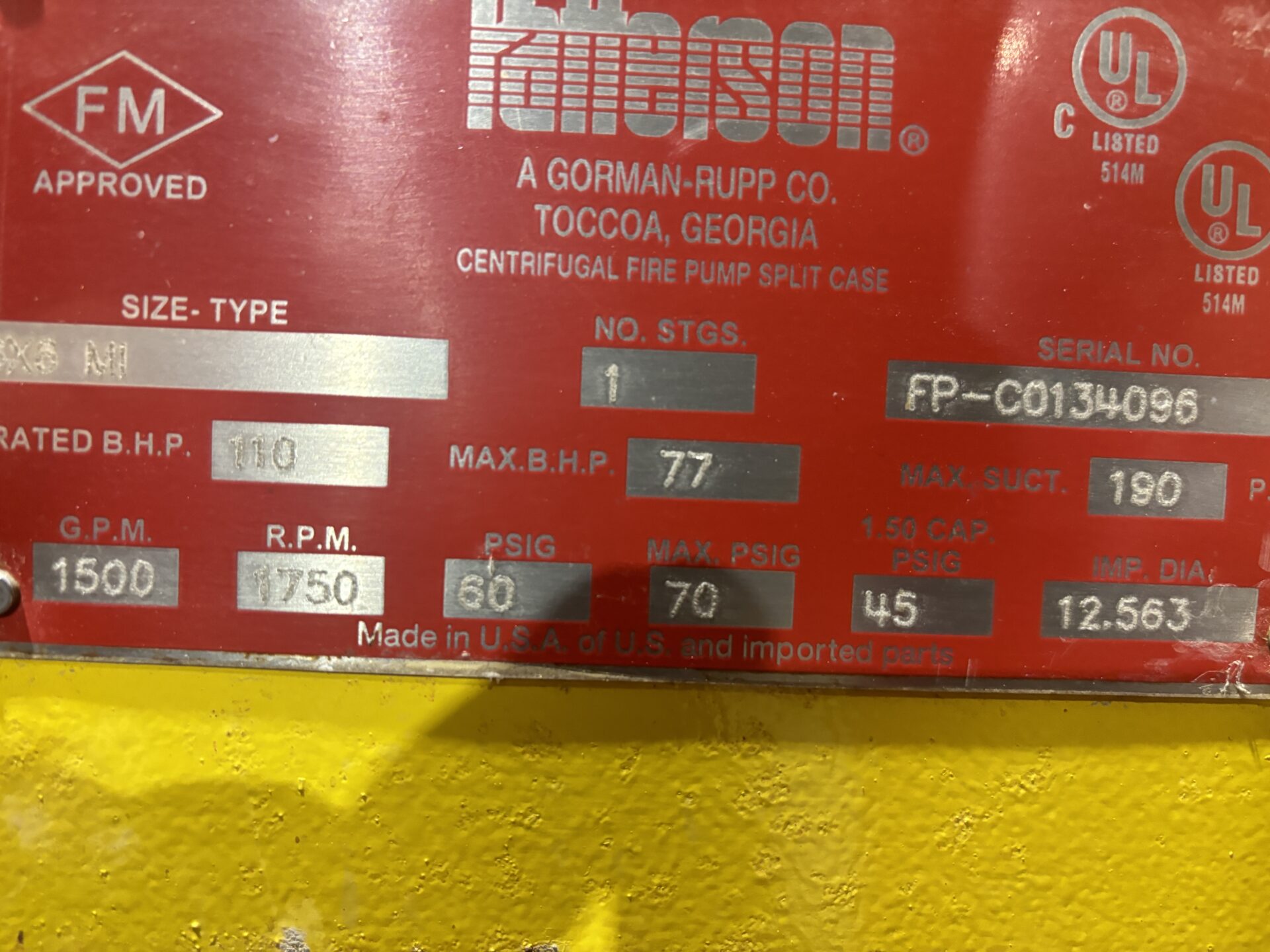 Patterson JU4H-UFAD5G Fire Pump 8″ x 6″ 1500 GPM Fire Suppression ...