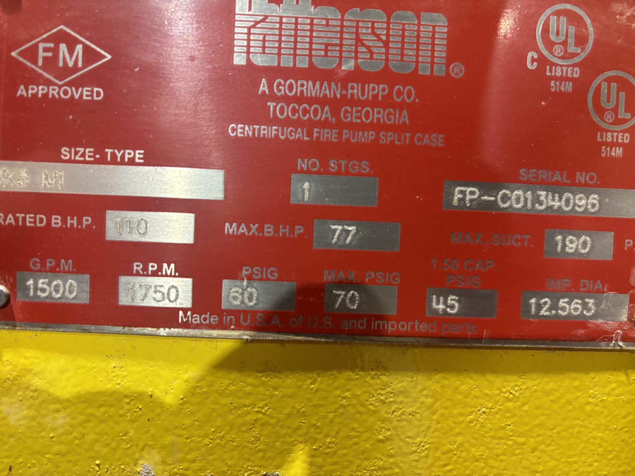 Patterson JU4H-UFAD5G Fire Pump 8″ x 6″ 1500 GPM Fire Suppression ...