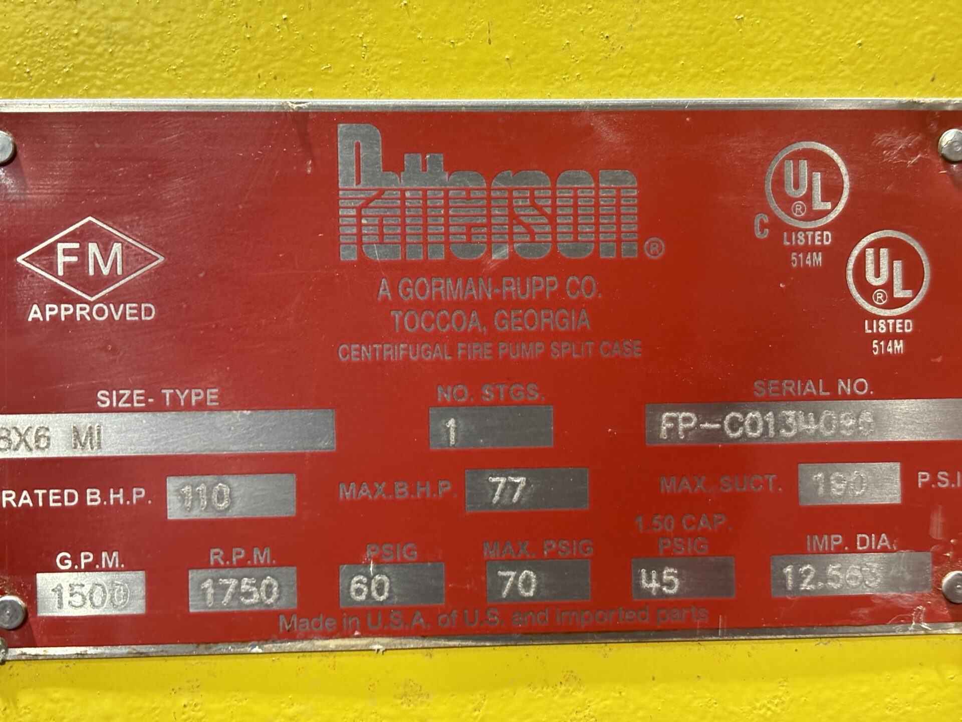 Patterson JU4H-UFAD5G Fire Pump 8″ x 6″ 1500 GPM Fire Suppression ...