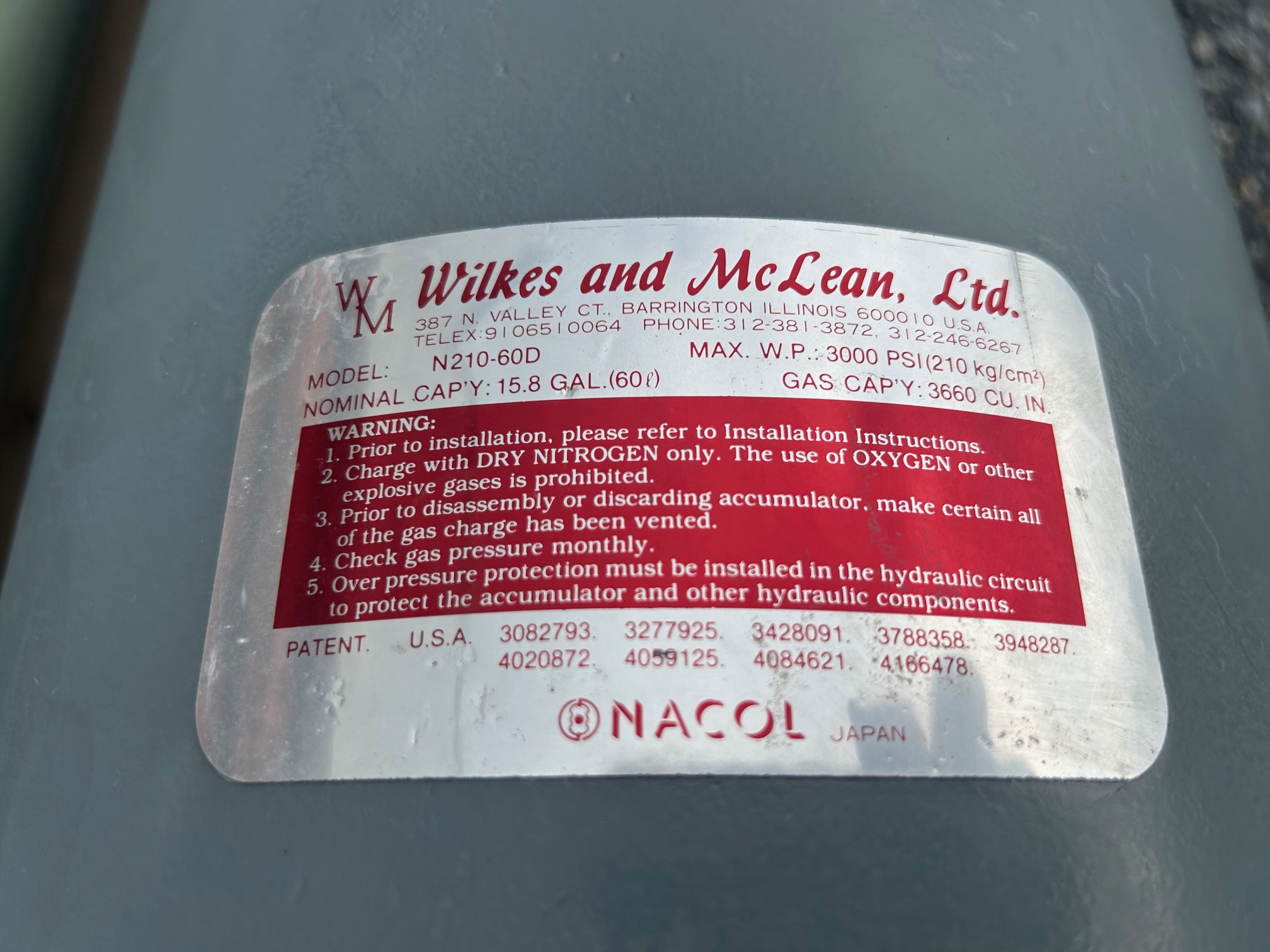 Wilkes & McLean N210-60D Dry Nitrogen Gas Bladder Hydraulic Accumulator ...