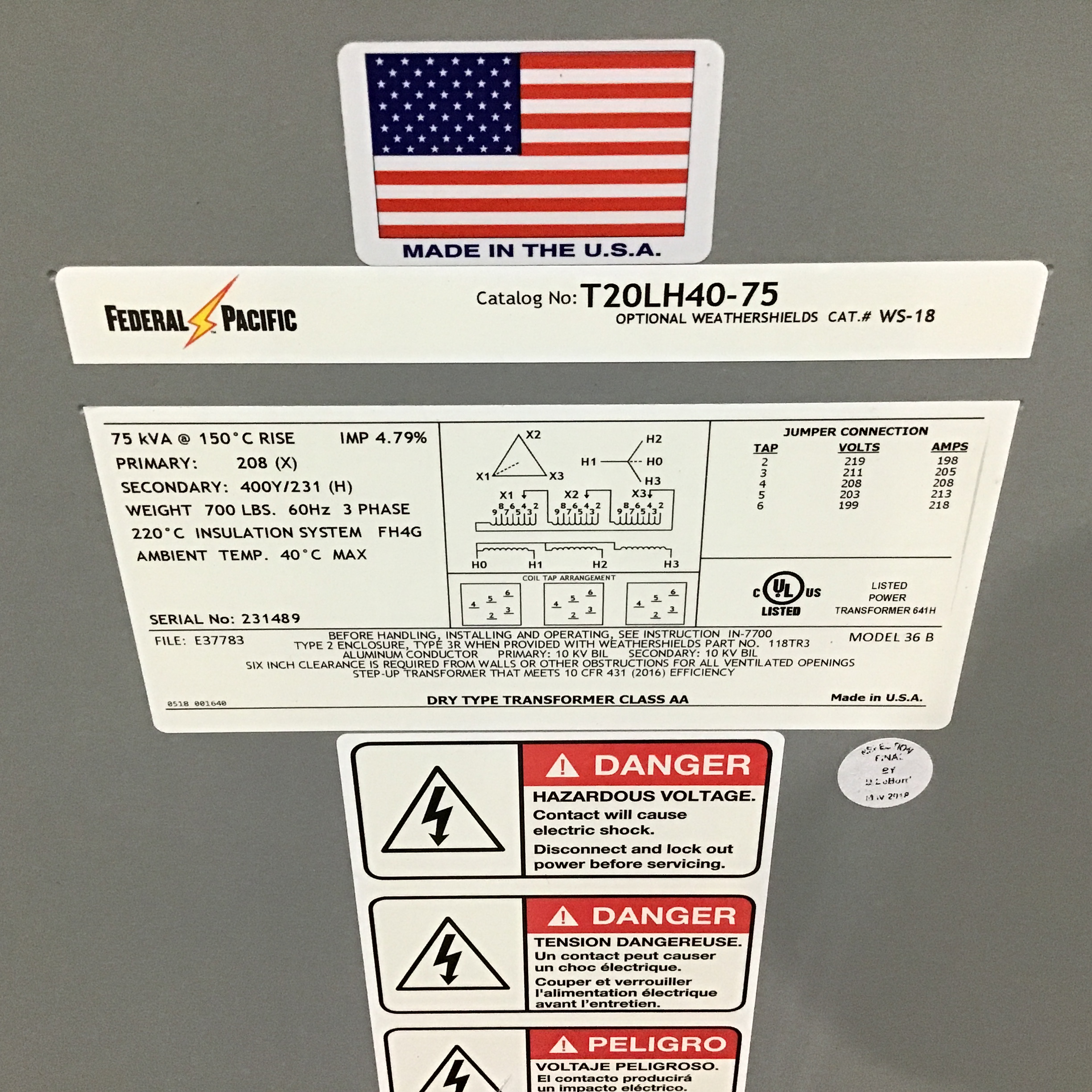 Federal Pacific 36B – T20LH40-75 Dry Type Transformer Class AA 75kVa ...