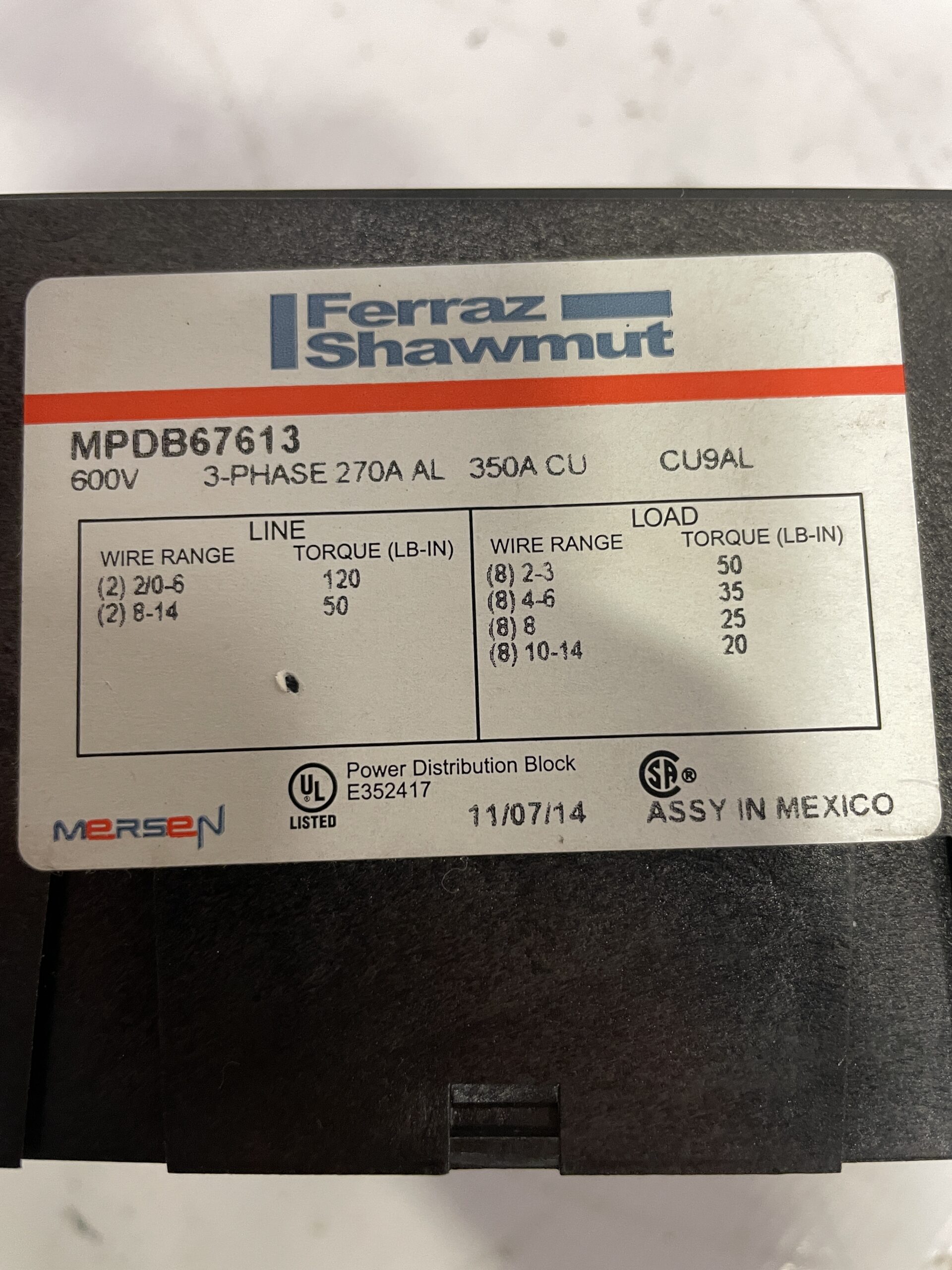 Ferraz Shawmut MPDB67613 3 Pole Power Distribution Block 600V 270A 3PH ...