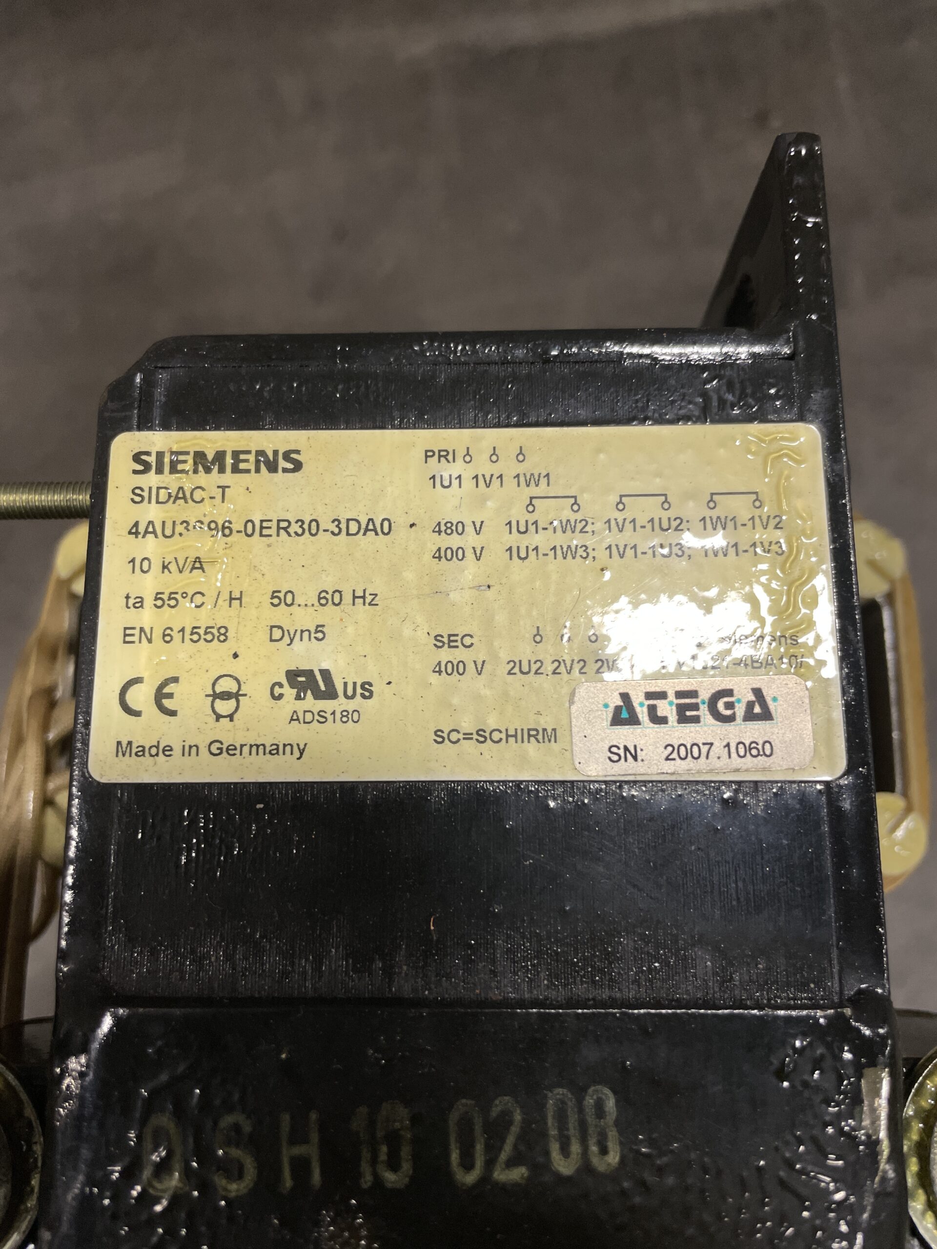 Siemens SIDAC-T 4AU3696-0ER30-3DA0 10kVA Isolation Transformer 400/480V ...