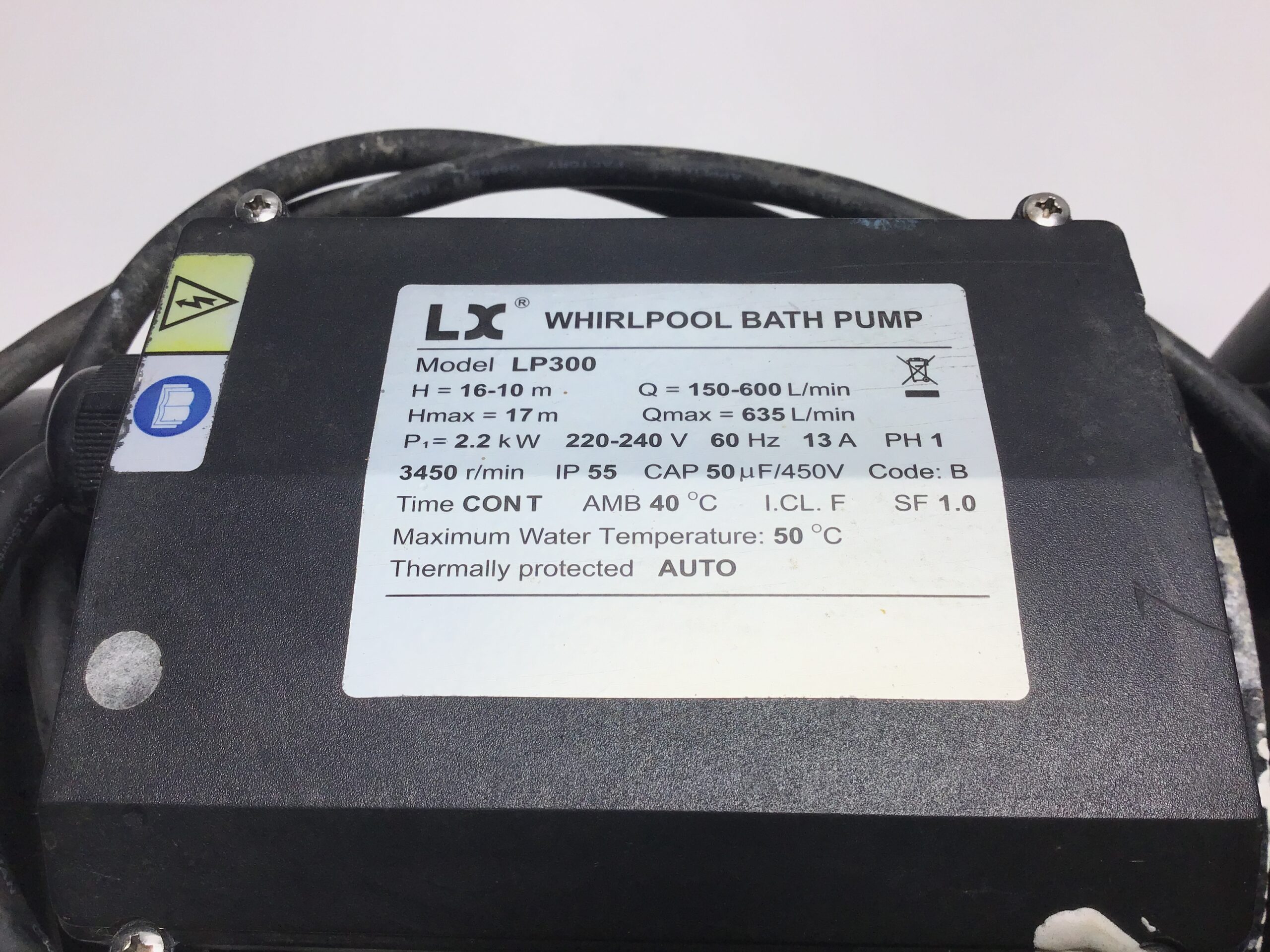 LX LP300 Whirlpool Bath Pump 3450 r/min 13A 60Hz 1PH 1.0SF Max Water ...