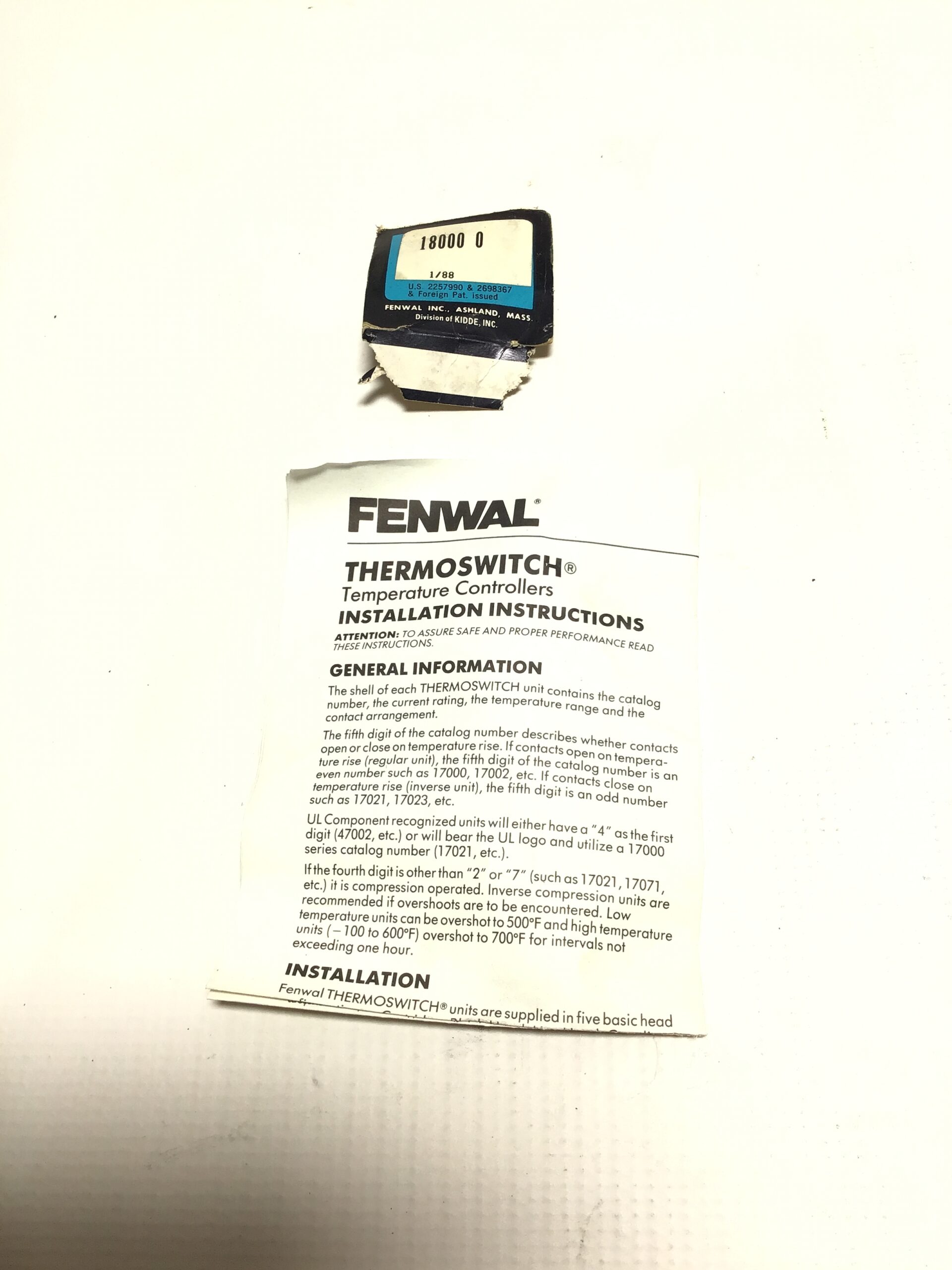 Fenwal 18000-0 Thermoswitch Temperature Controllers Range -100 to 400°F ...