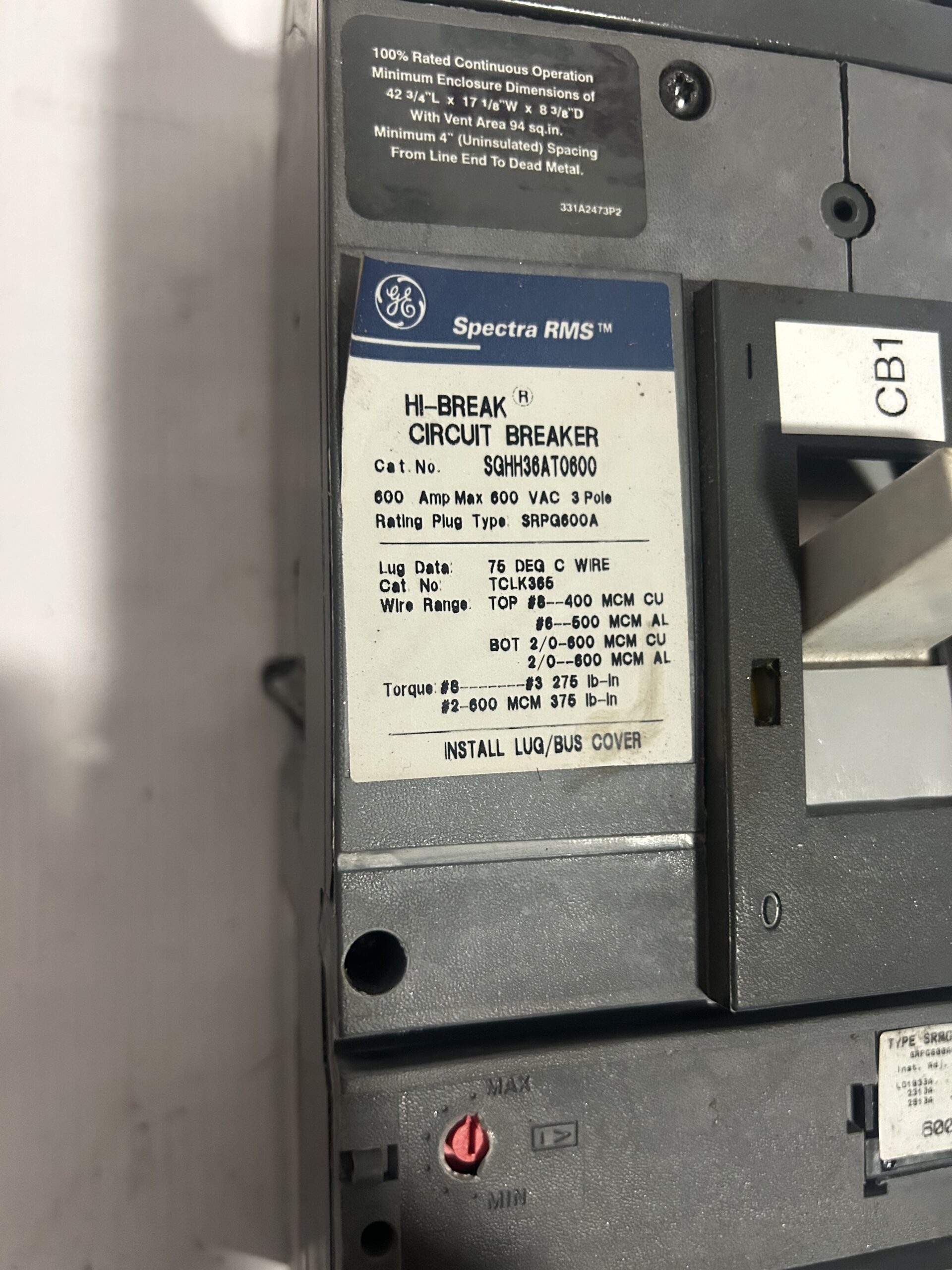 GE Spectra RMS SGHH36AT0600 Hi-Break 600A 3-Pole Circuit Breaker ...