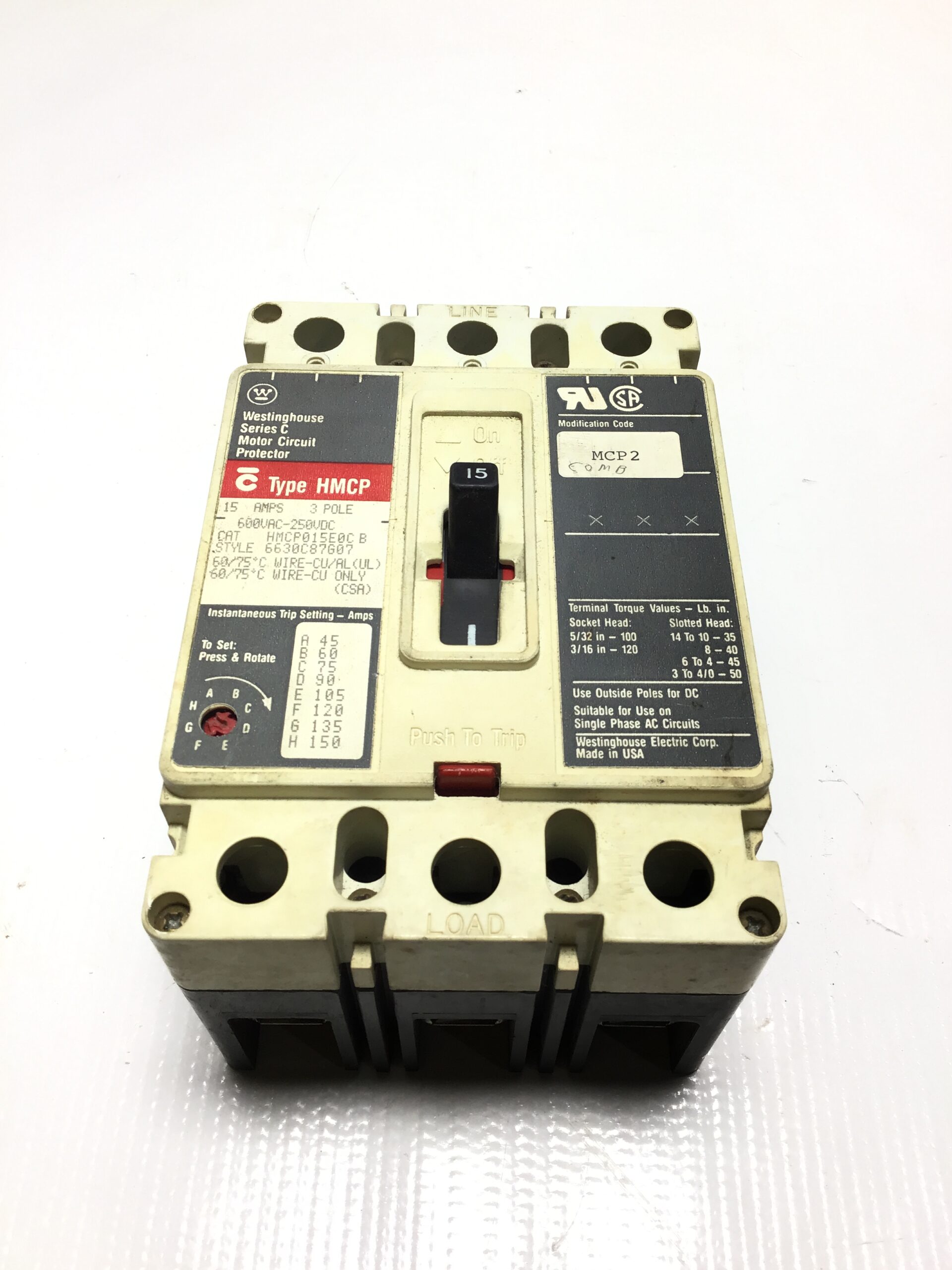Westinghouse HMCP015E0C Motor Circuit Protector Breaker 15A 3-Pole B ...