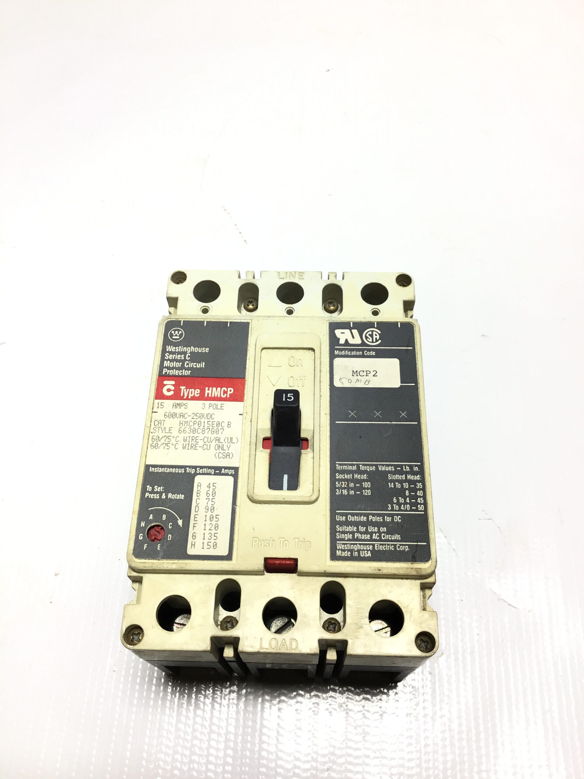Westinghouse HMCP015E0C Motor Circuit Protector Breaker 15A 3-Pole B ...