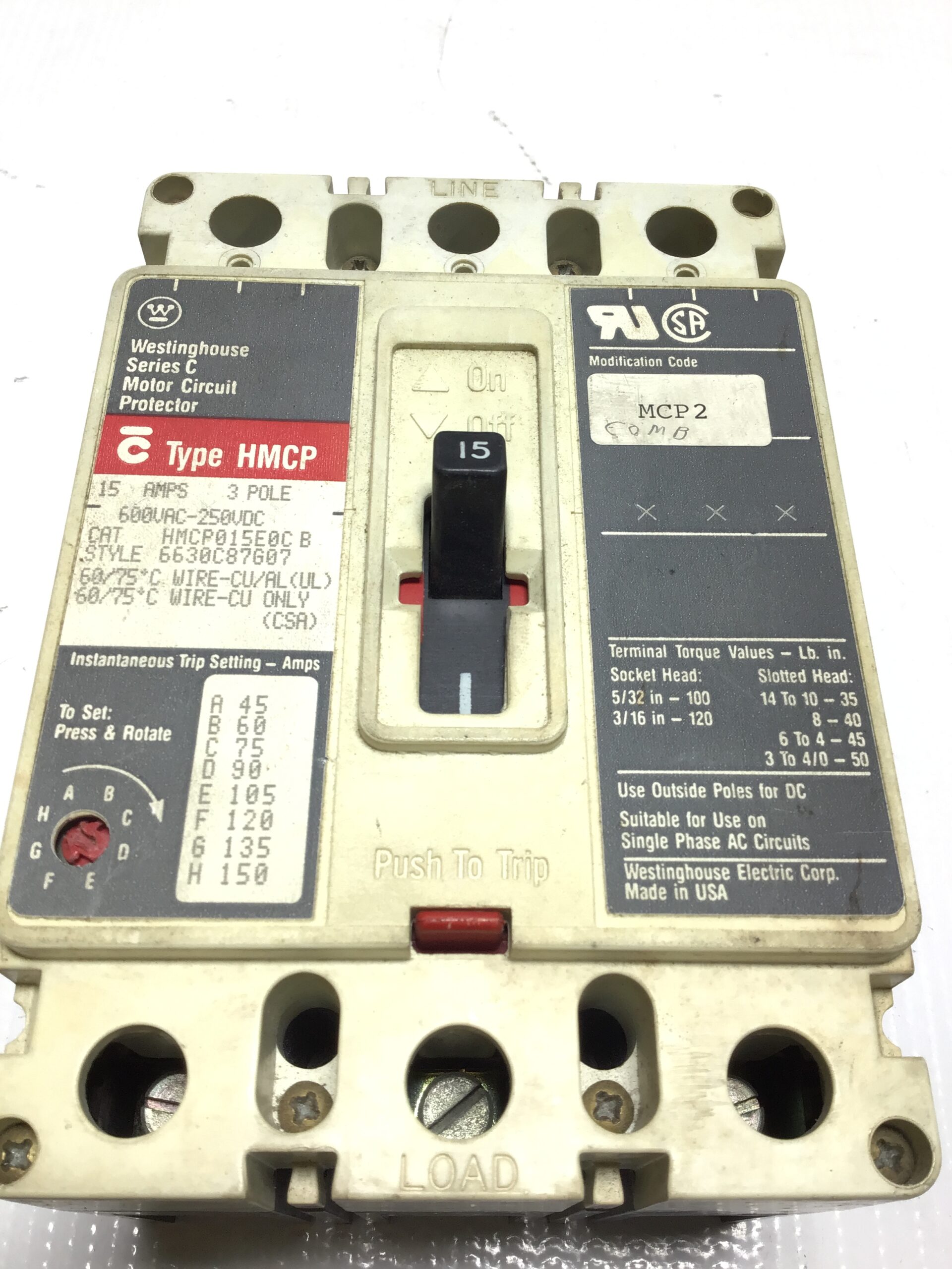 Westinghouse HMCP015E0C Motor Circuit Protector Breaker 15A 3-Pole B ...