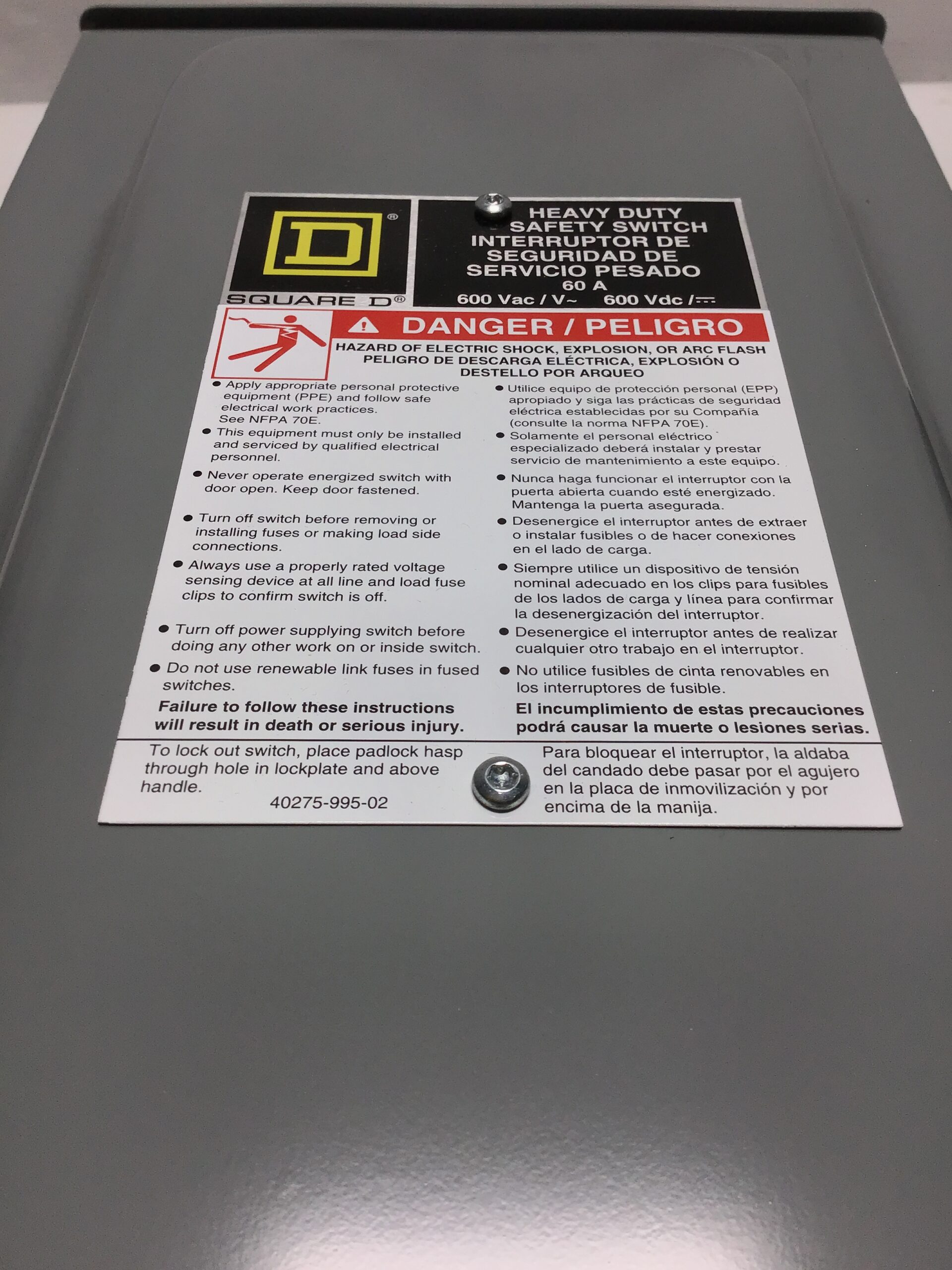 Square D H362RB Heavy Duty Safety Switch 60A 600VAC Type 3R Enclosure ...